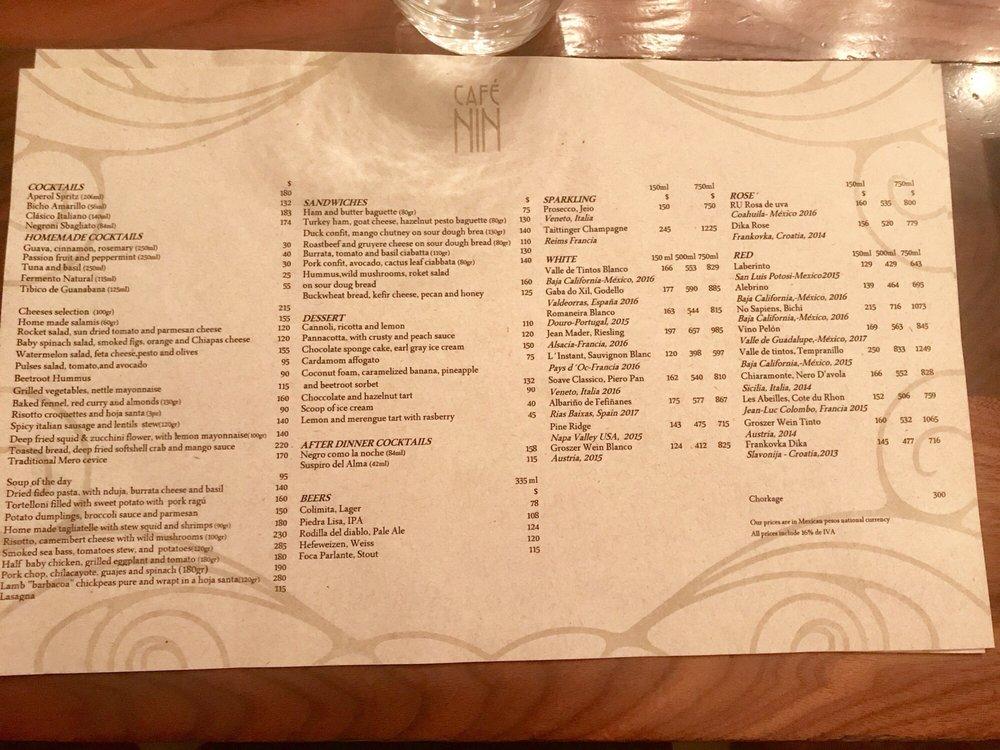Carta de Café Nin, Ciudad López Mateos, Havre 73 Colonia Juárez