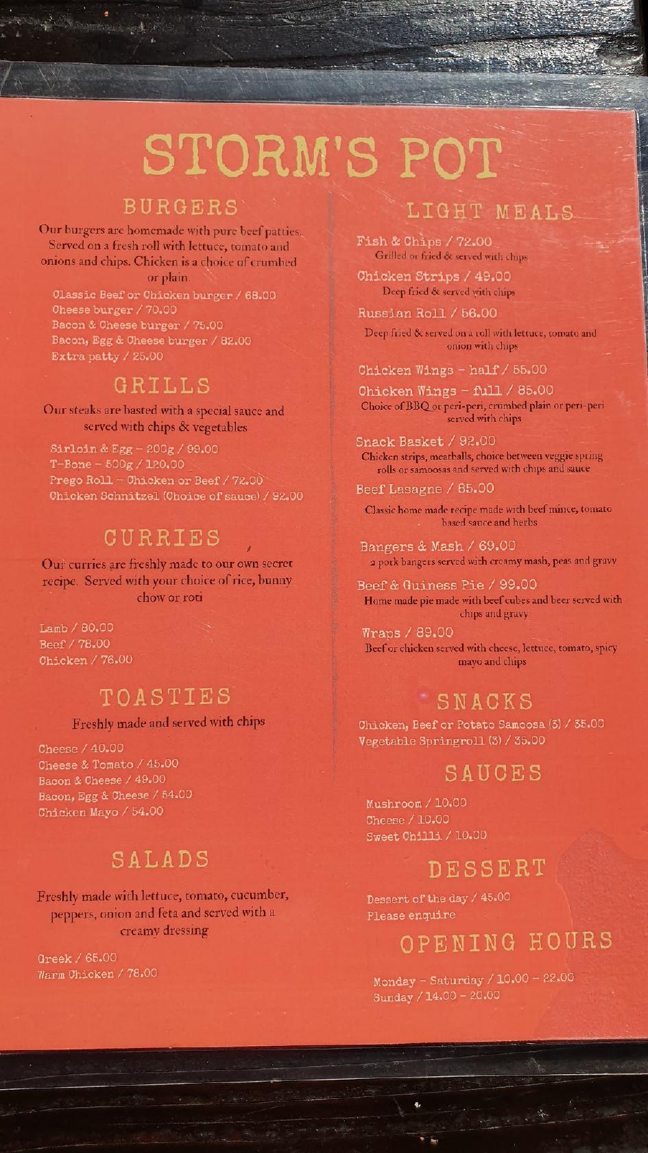 Menu at Storms Pot pub & bar, Randburg