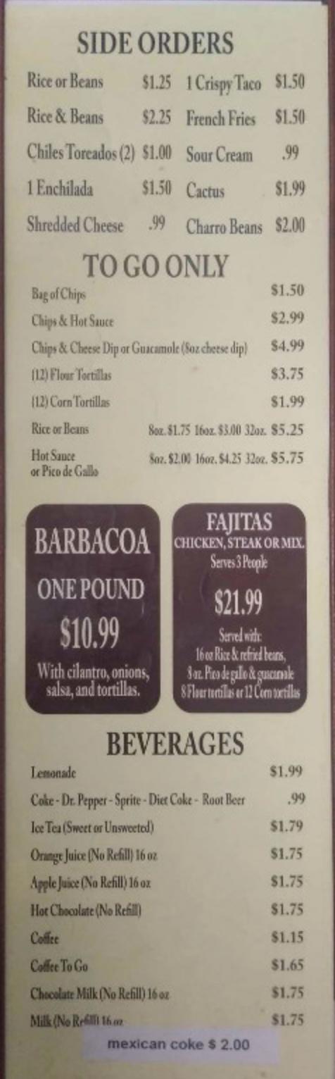 Menu at Alondra's Mexican Restaurant, La Vernia