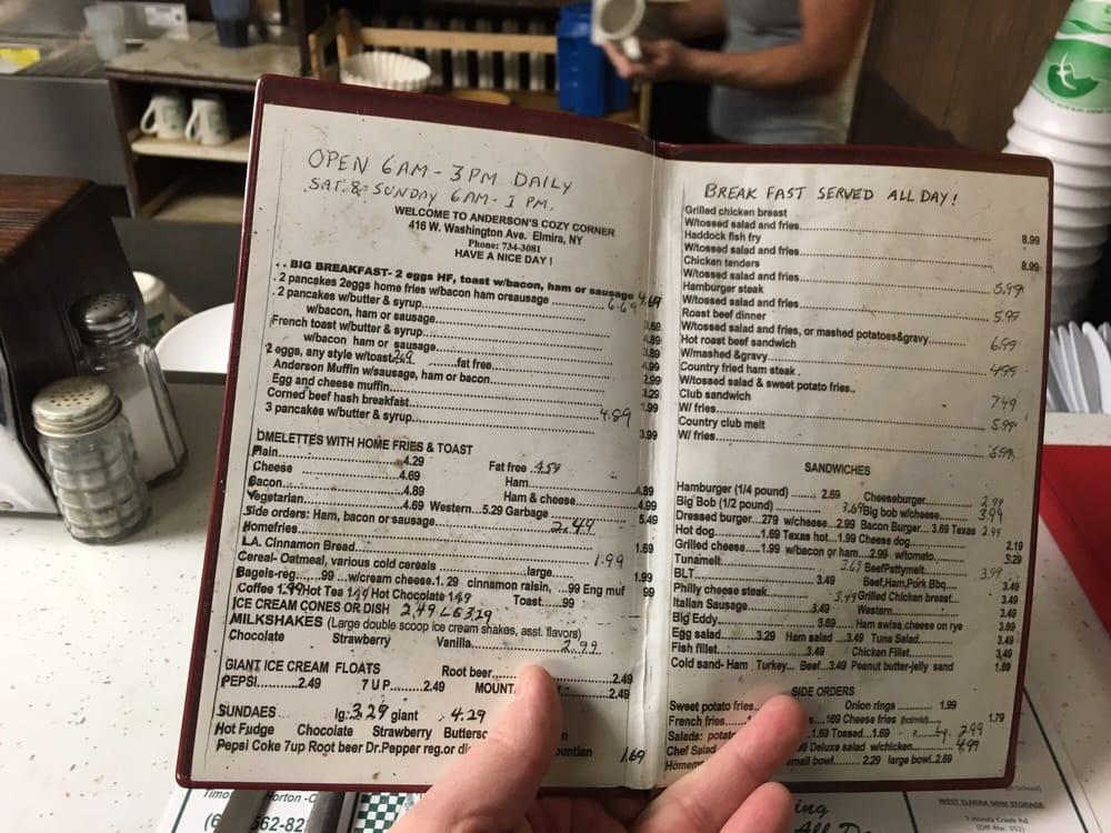 Menu at Anderson's Cozy Corner restaurant, Elmira