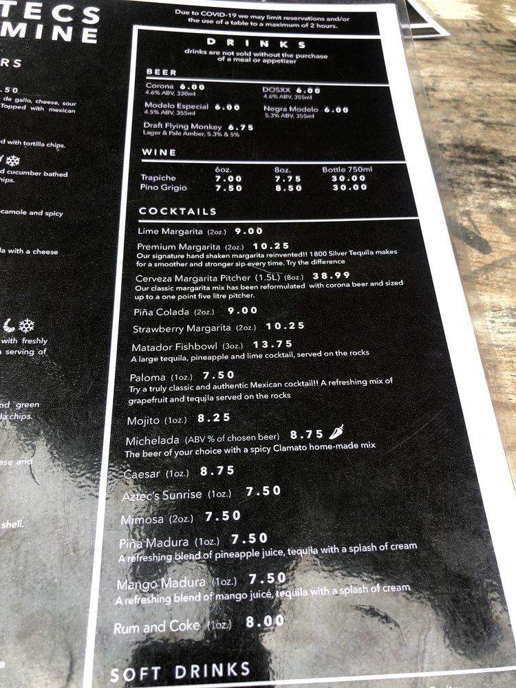 Menu at Aztec's Mine restaurant, Toronto