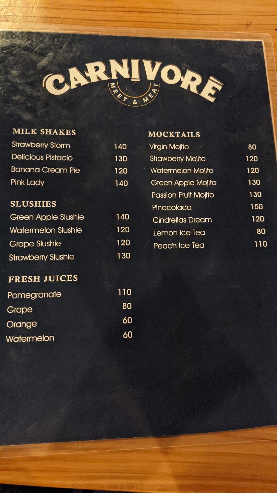 Menu at Carnivore Cafe, Kalpetta