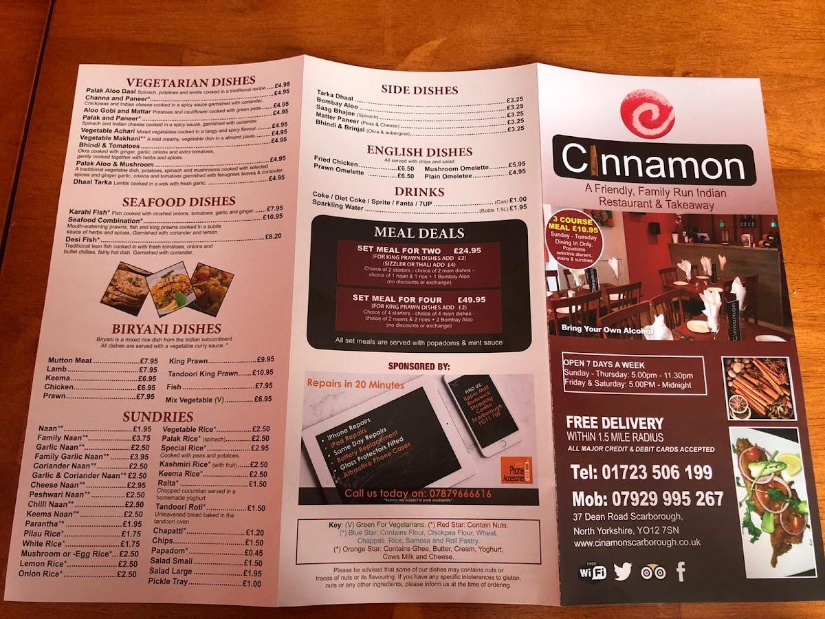 Menu at Cinnamon restaurant, Scarborough, 37 Dean Rd