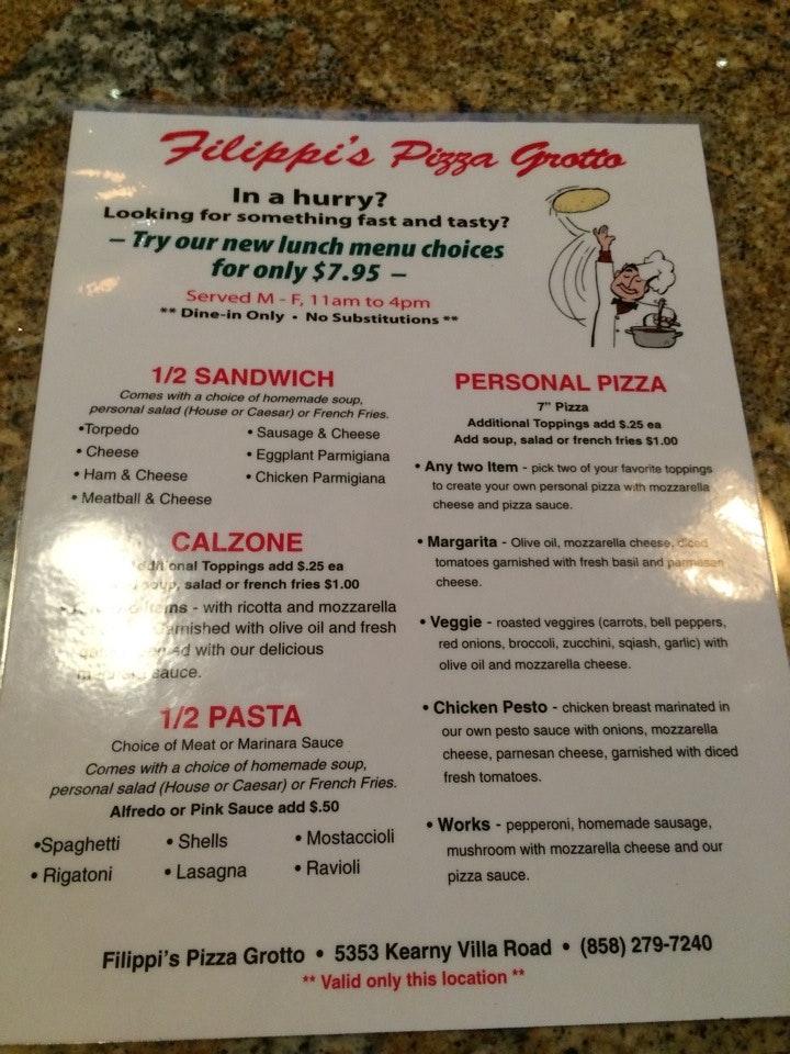 Menu at Filippi's Pizza Grotto Kearny Mesa pizzeria, San Diego