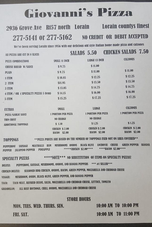 Menu at Giovanni's Pizza pizzeria, Lorain