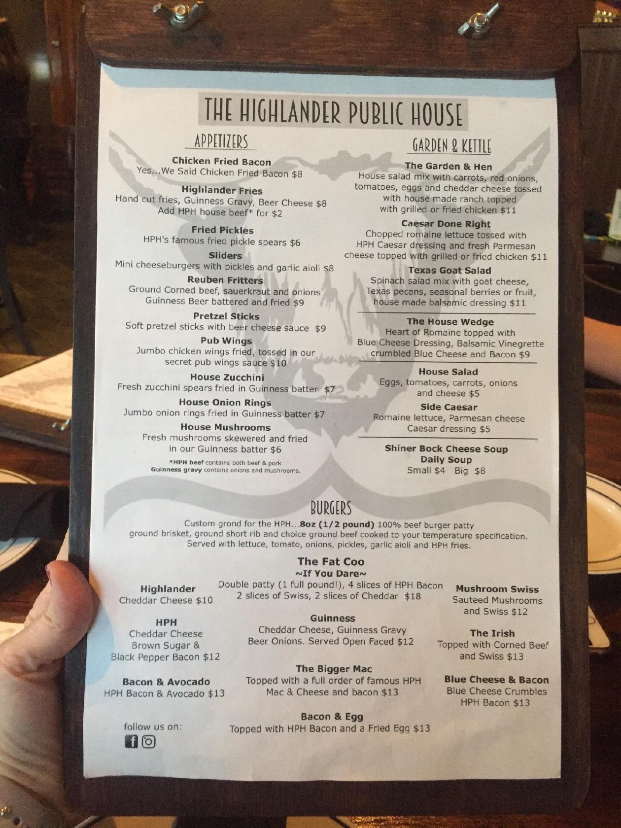 Menu at The Highlander Public House, Wichita Falls