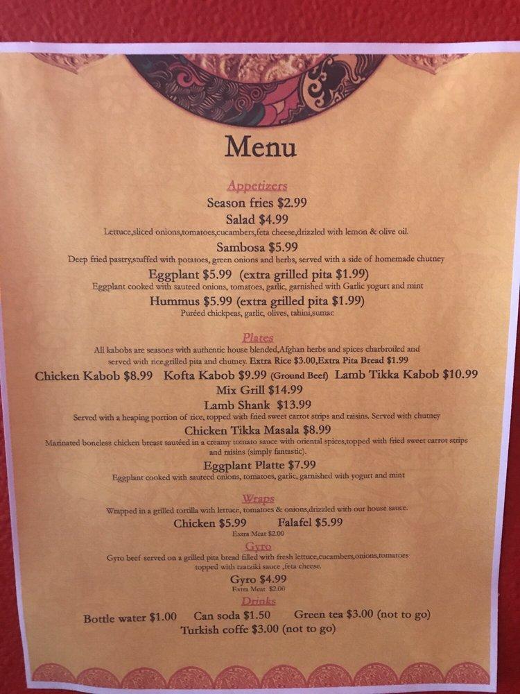 Menu at Kabul Express STL restaurant, Lemay