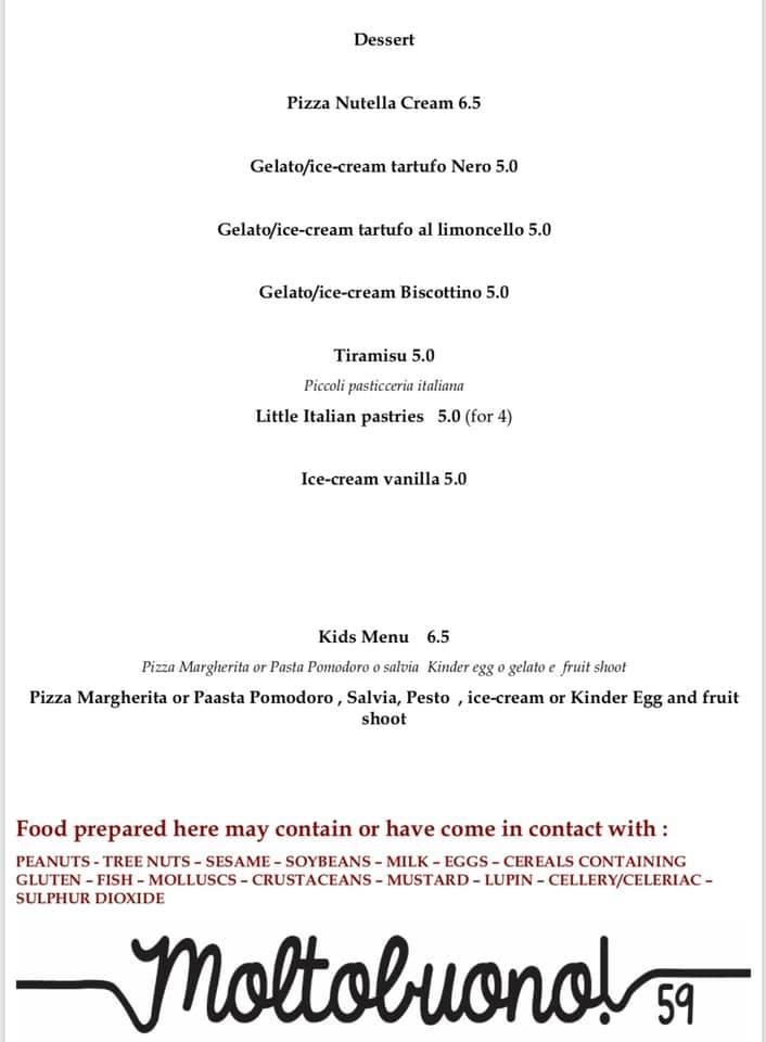 Menu at Moltobuono!59 restaurant, Bristol
