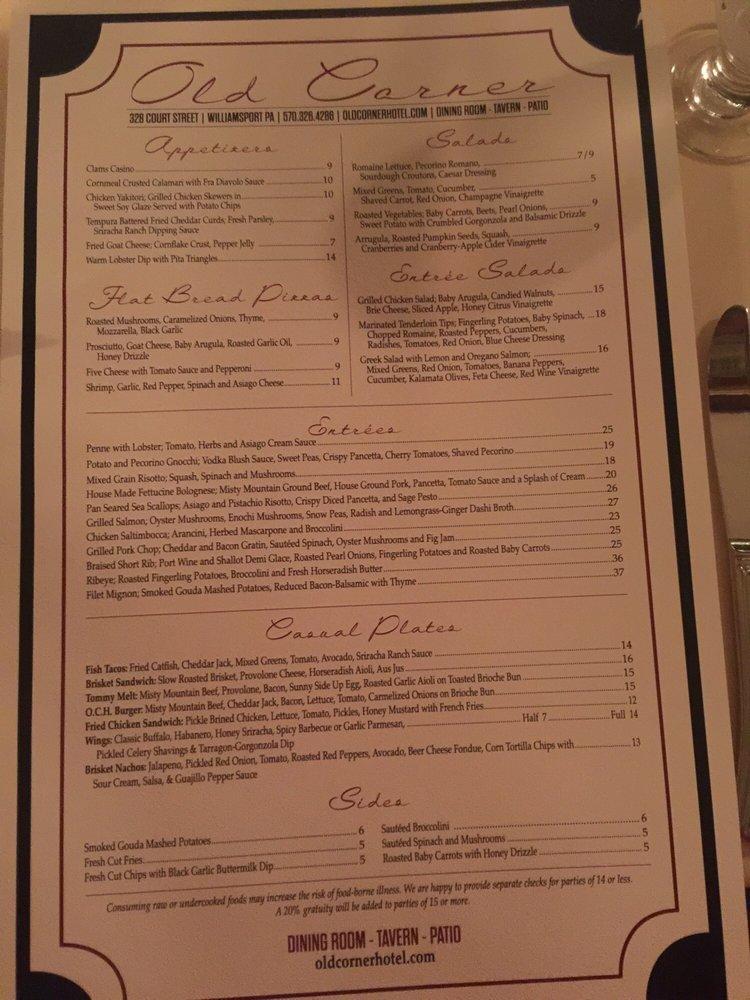 Menu at Old Corner Hotel restaurant, Williamsport