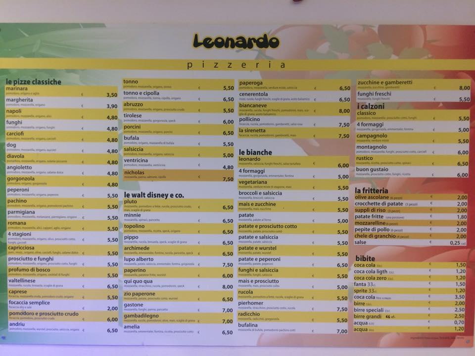 Menu at Pizzeria Leonardo, Chieti, Via papa Giovanni Paolo II
