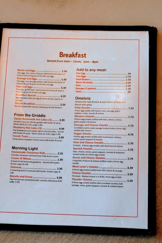 Menu at Polly Anna Cafe, Woodward
