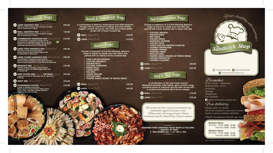 Menu at The Sandwich Shop Lorraine restaurant, Port Elizabeth