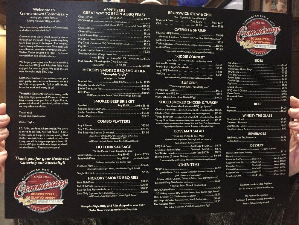 Menu at Collierville Commissary BBQ, Collierville