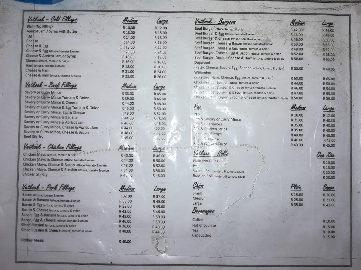 Menu at Amanda's Vetkoek Den & Coffee Shop, Kempton Park