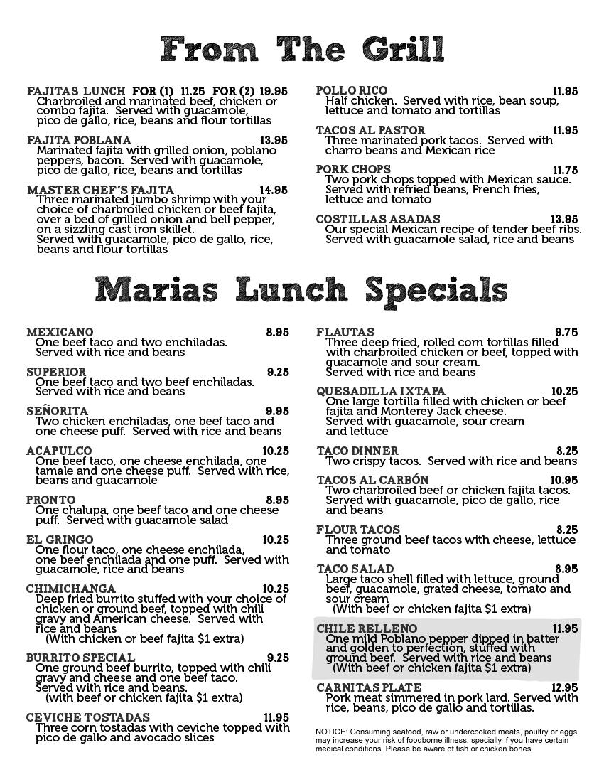 Menu at Casa Maria restaurant, Houston