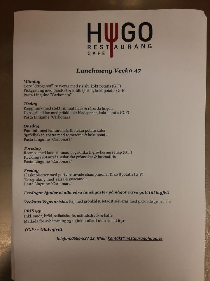 Menu at Hugo Restaurang Café restaurant, Karlskoga