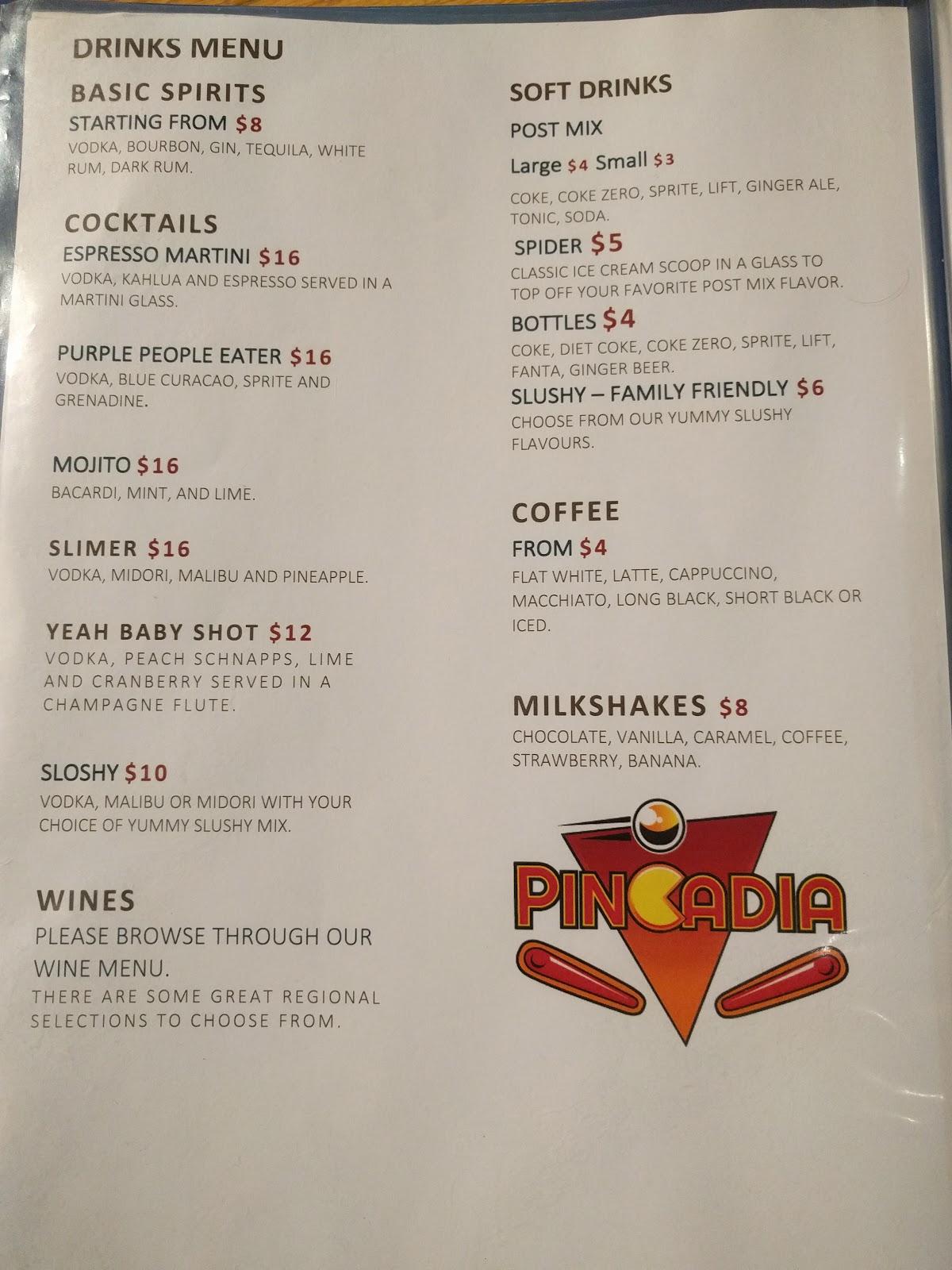 Carta del pub y bar Pincadia, Brisbane, 1/14 Logan Rd