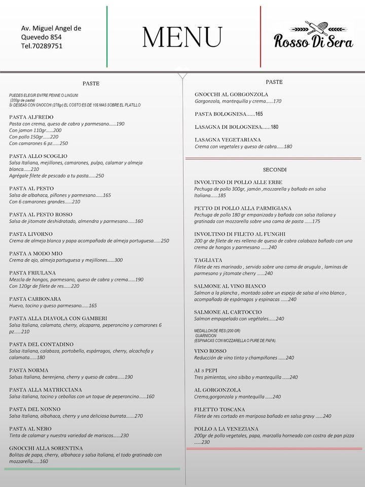 Menu at Rosso di Sera restaurant, Mexico City