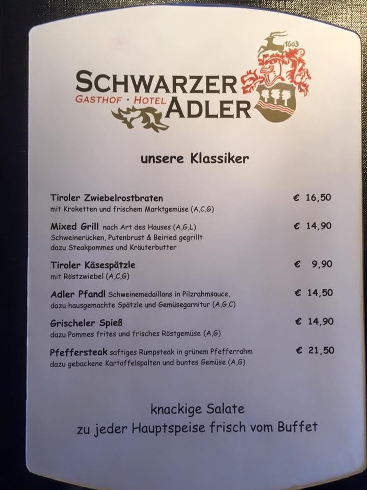 Speisekarte von Schwarzer Adler, Pfaffenhofen