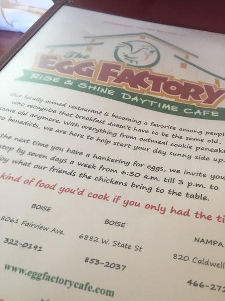 Menu at The Egg Factory restaurant, Nampa, 820 Caldwell Blvd