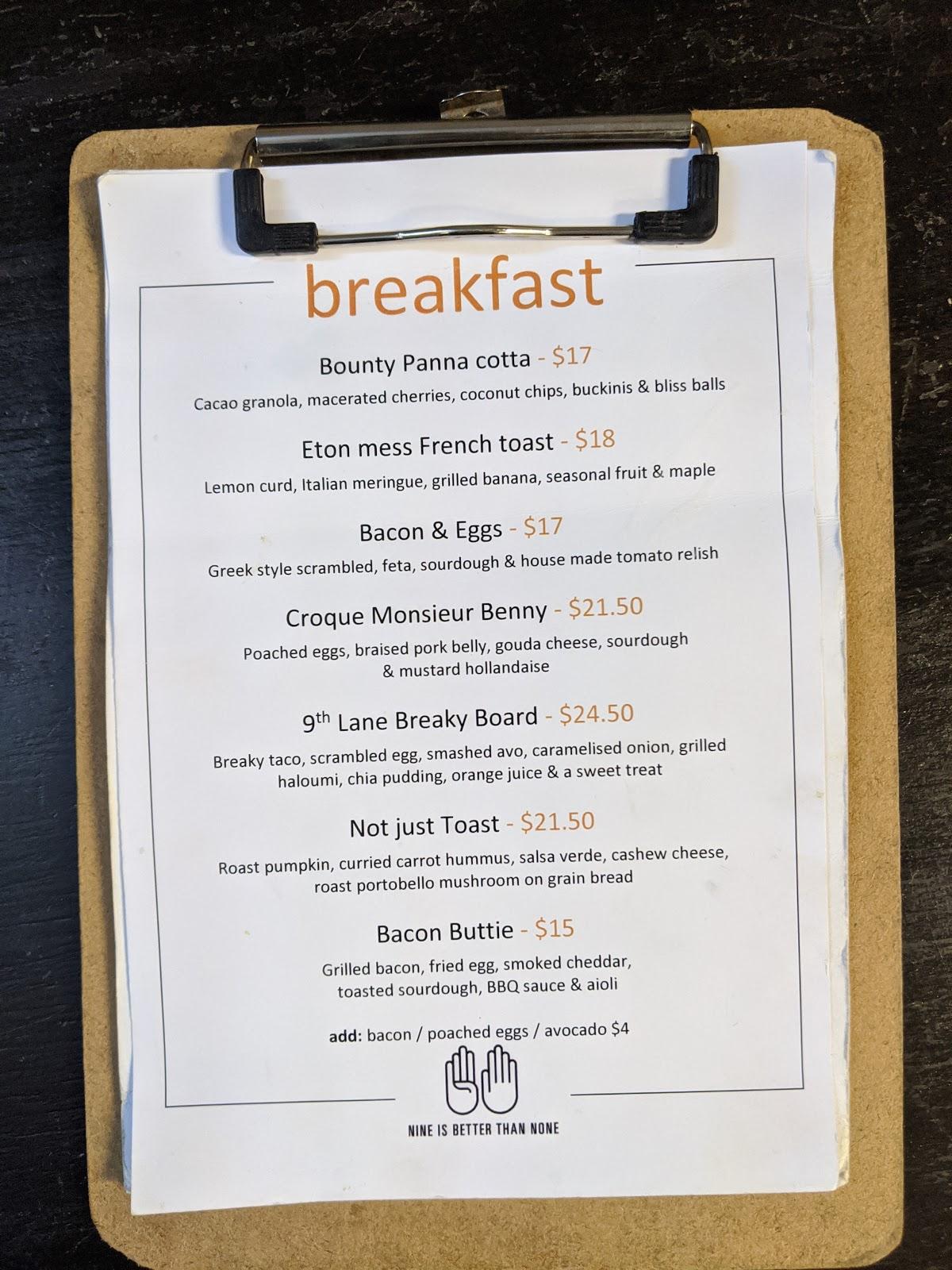 Menu at 9th Lane Grind cafe, Mackay