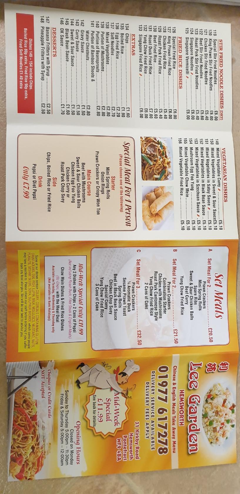 Menu at Lee Gardens restaurant, South Kirkby