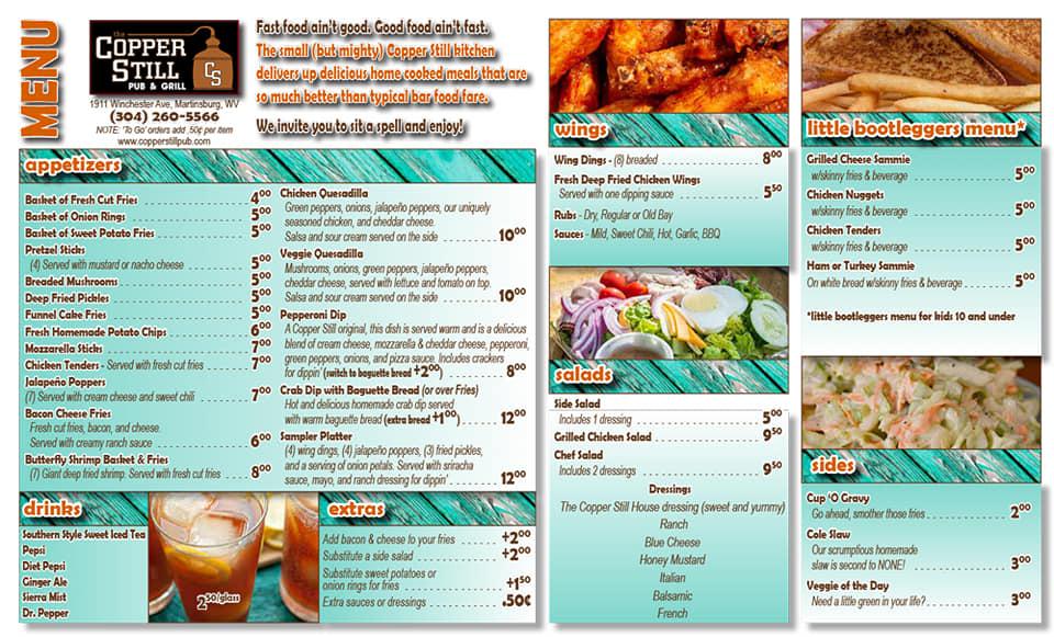 Menu at The Copper Still Pub & Grill, Martinsburg