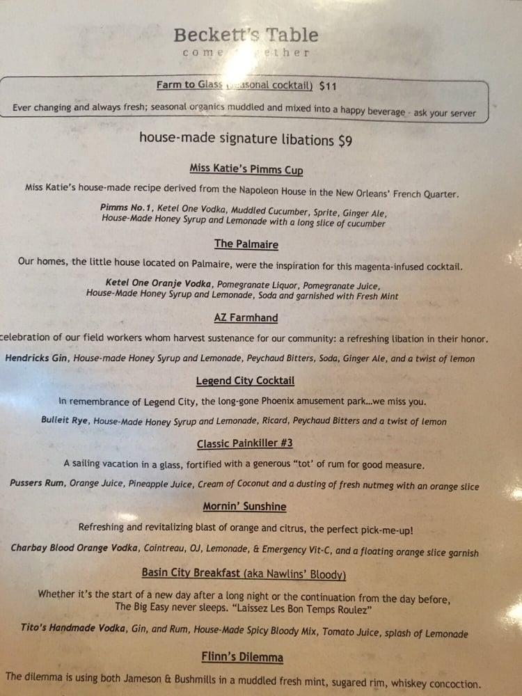 Menu at Beckett's Table restaurant, Phoenix