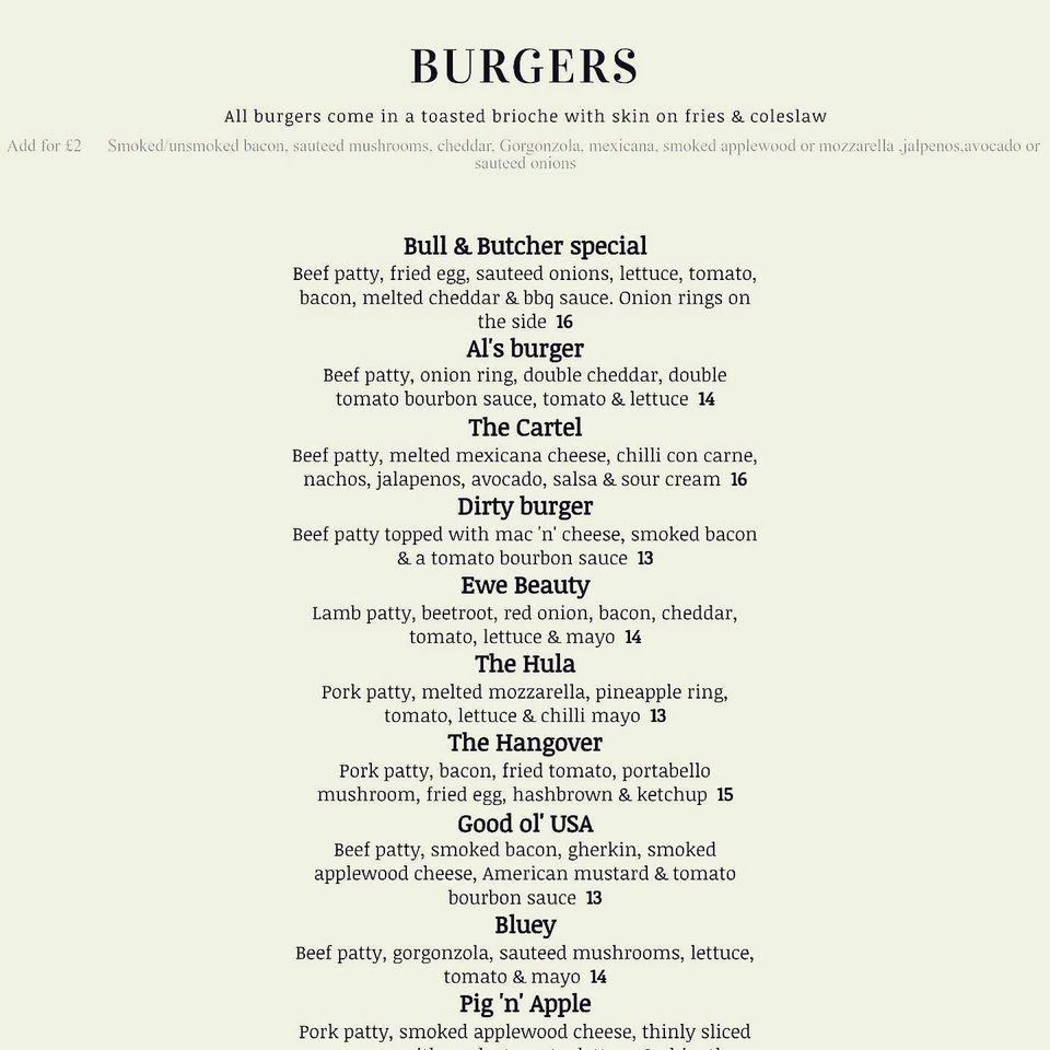 Menu at The Bull & Butcher pub & bar, Buckingham
