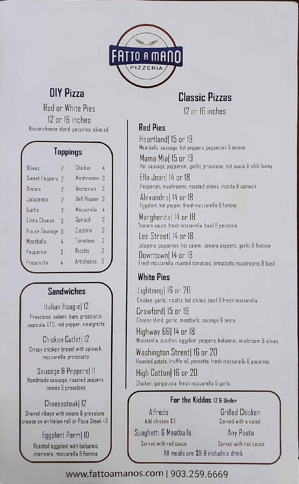 Menu at Fatto a Mano restaurant, Greenville
