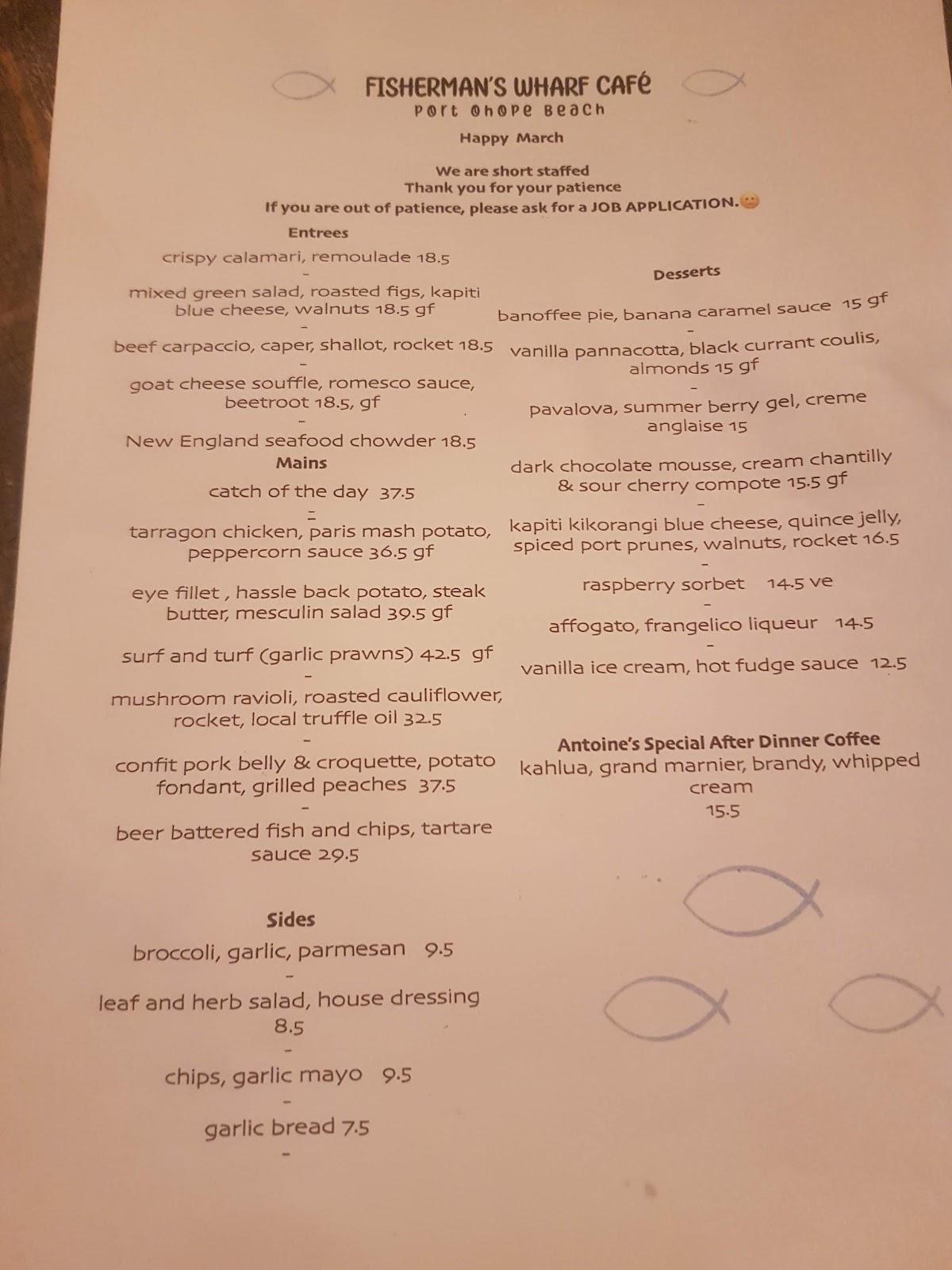 Menu at Fisherman's Wharf Cafe, Ohope