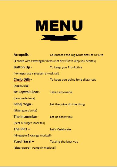 Menu at Freshen Up, Kolkata