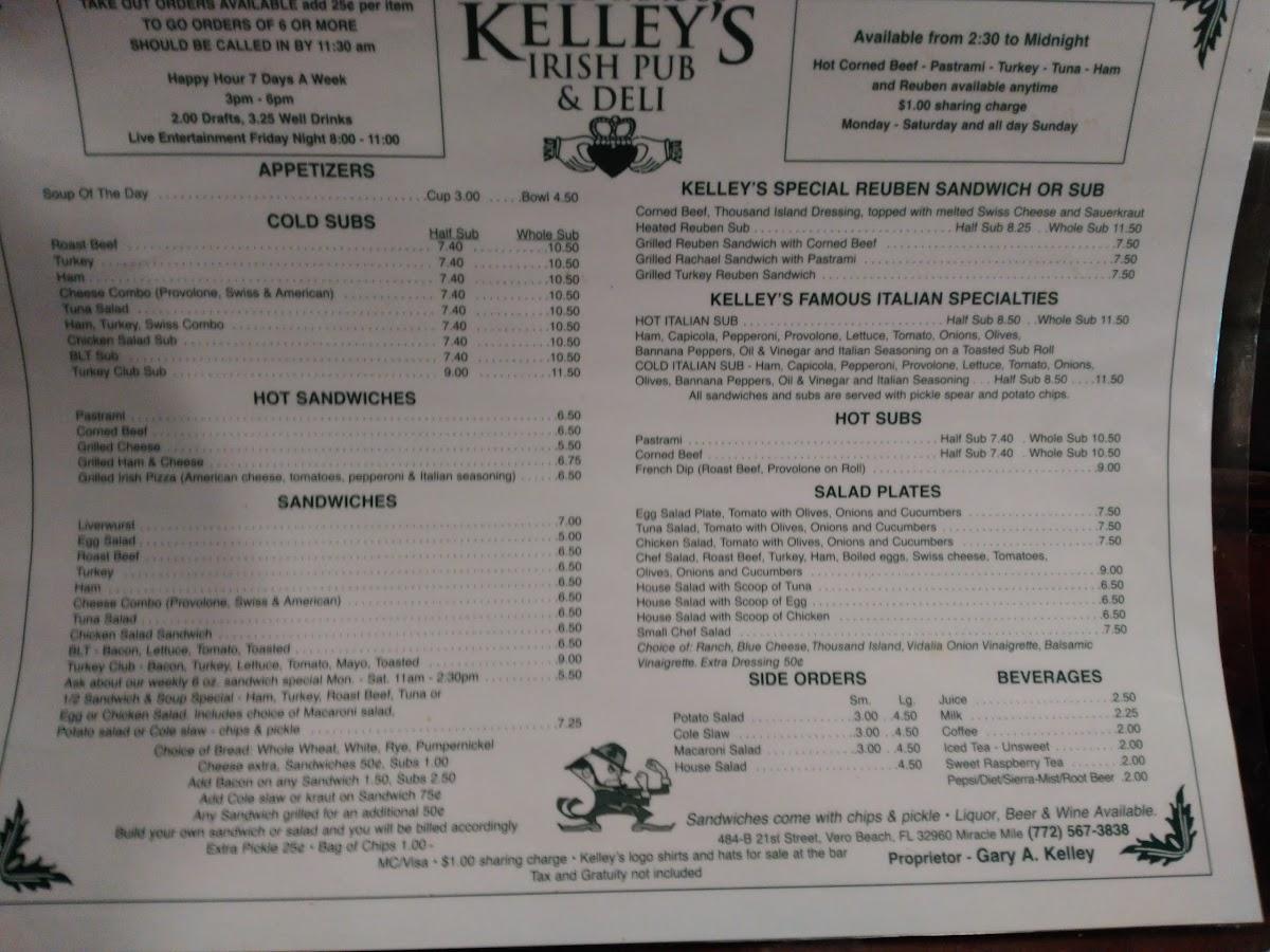 Menu at Kelley's Irish Pub, Vero Beach, 484 21st St B