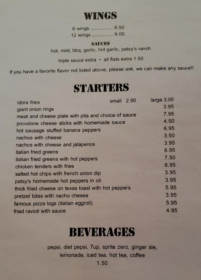 Menu at Patsy's Bar, Youngstown, Wilson Ave