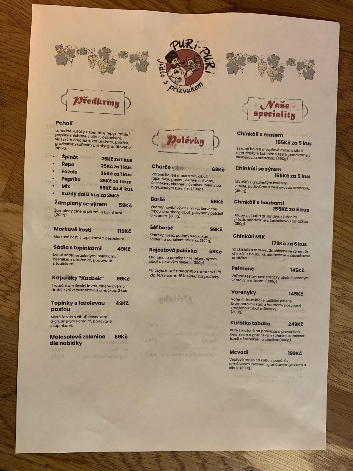 Menu at Puri-Puri restaurant, Czech Republic