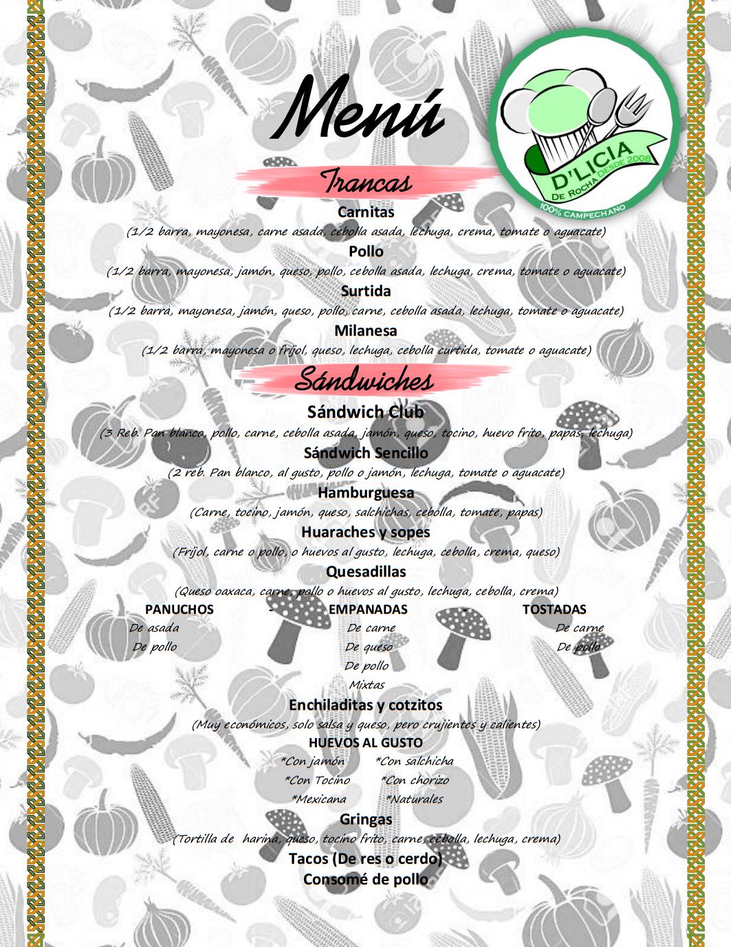 Carta del restaurante Cocina D'licia del Rocha, Campeche