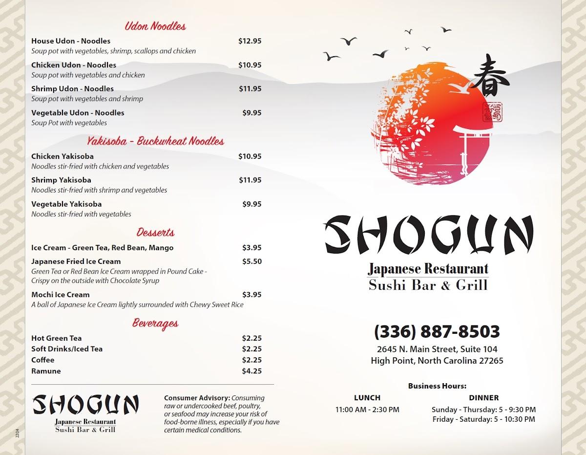 Menu at Shogun Japanese Restaurant, High Point