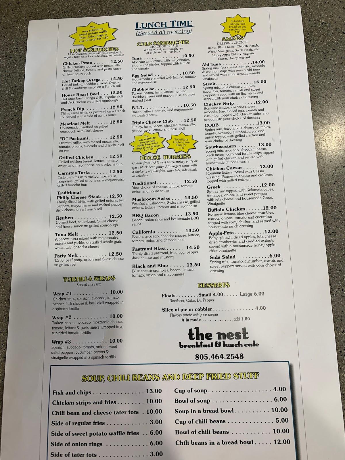 Menu at The Nest cafe, Atascadero