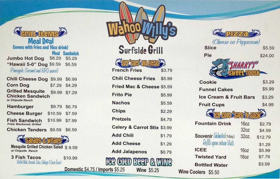 Menu at Wahoo Willy's at Hurricane Alley Waterpark, Corpus Christi