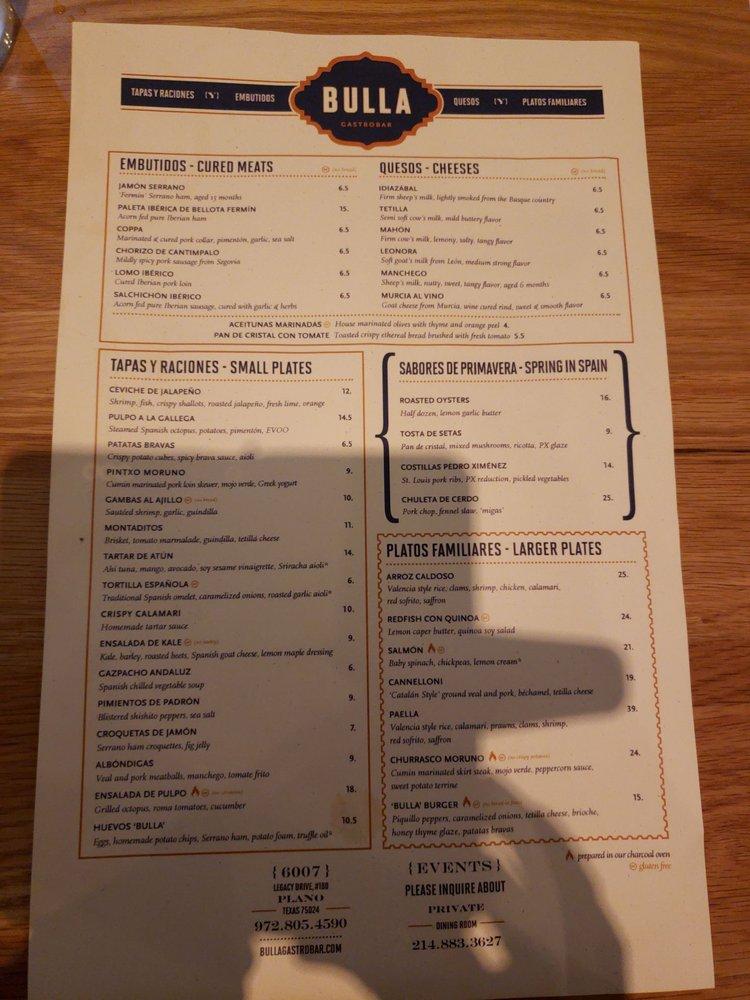 Menu at Bulla Gastrobar, Plano, Legacy Dr #180