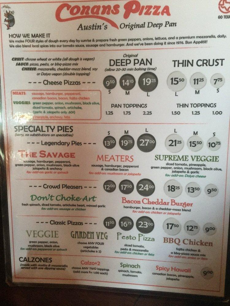 Carta de pizzería Conans Pizza North, Austin