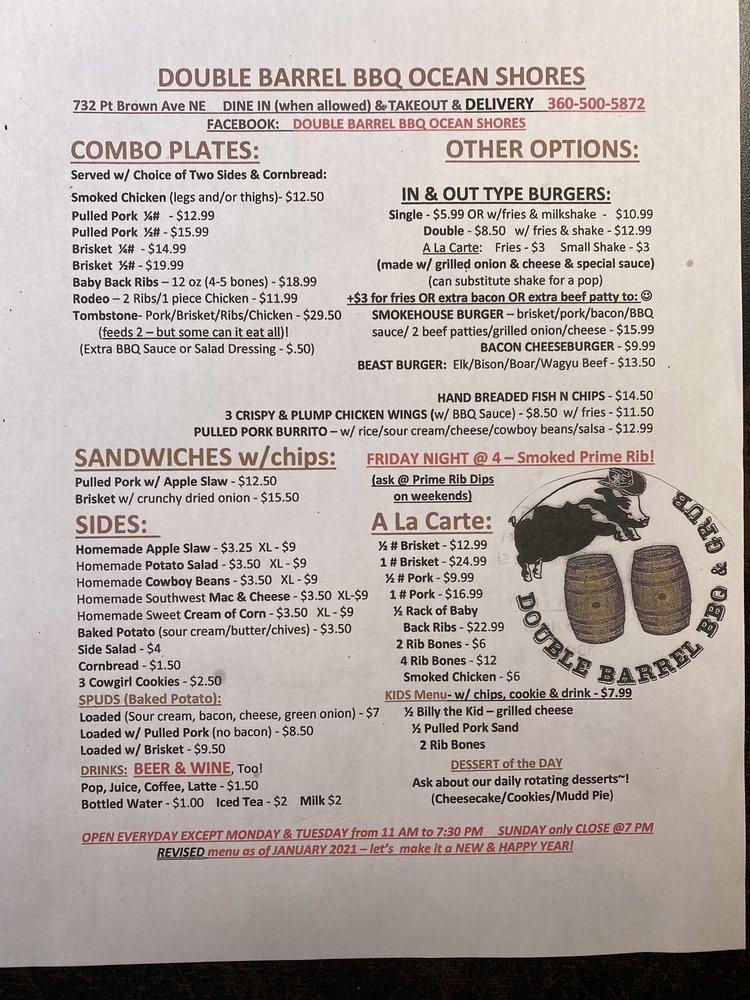 Menu at Double Barrel BBQ, Ocean Shores