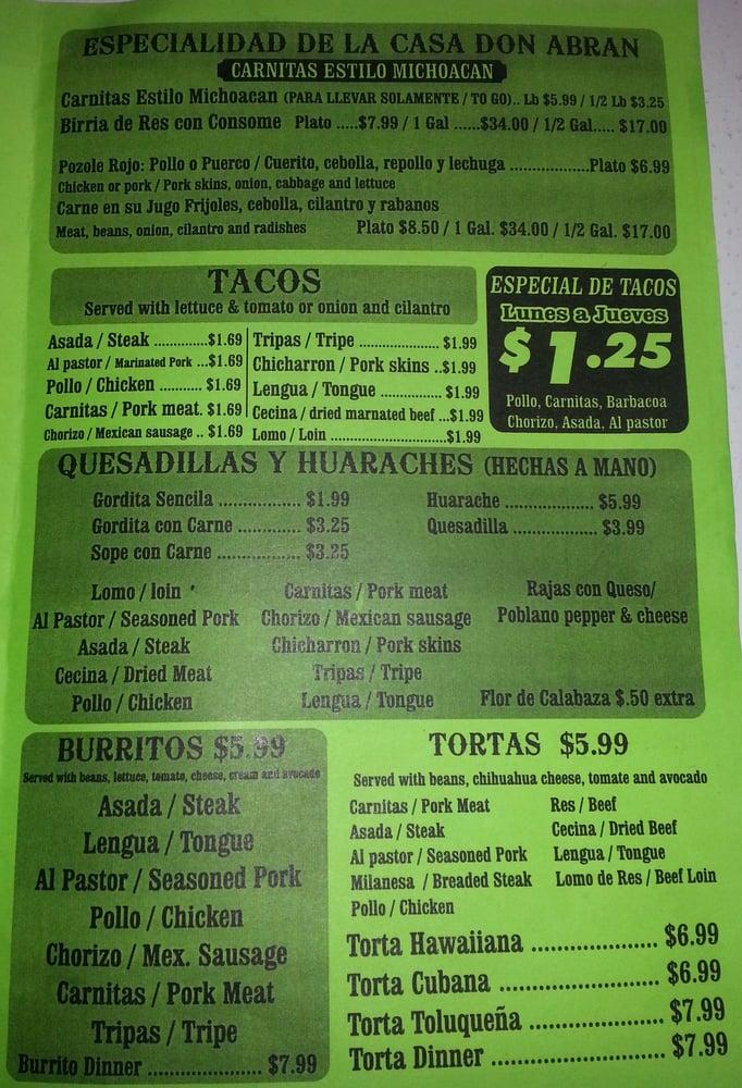 Menu at El Puesto restaurant, Cicero, W 16th St