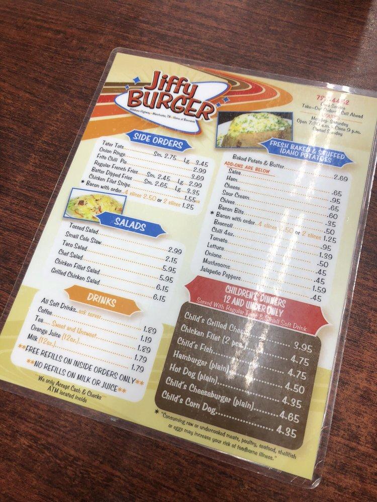 Menu at Jiffy Burger restaurant, Manchester