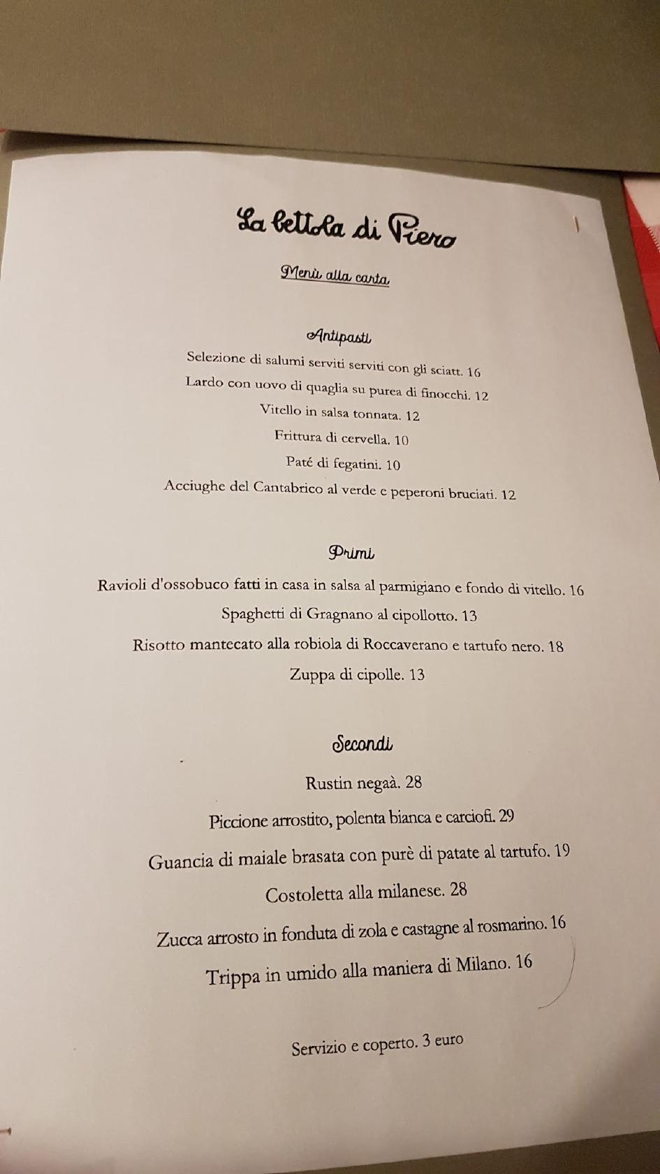 Menu at La Bettola di Piero restaurant, Milan