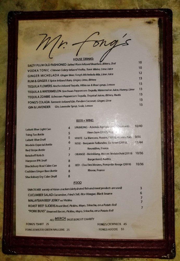 Menu at Mr. Fong's pub & bar, New York City