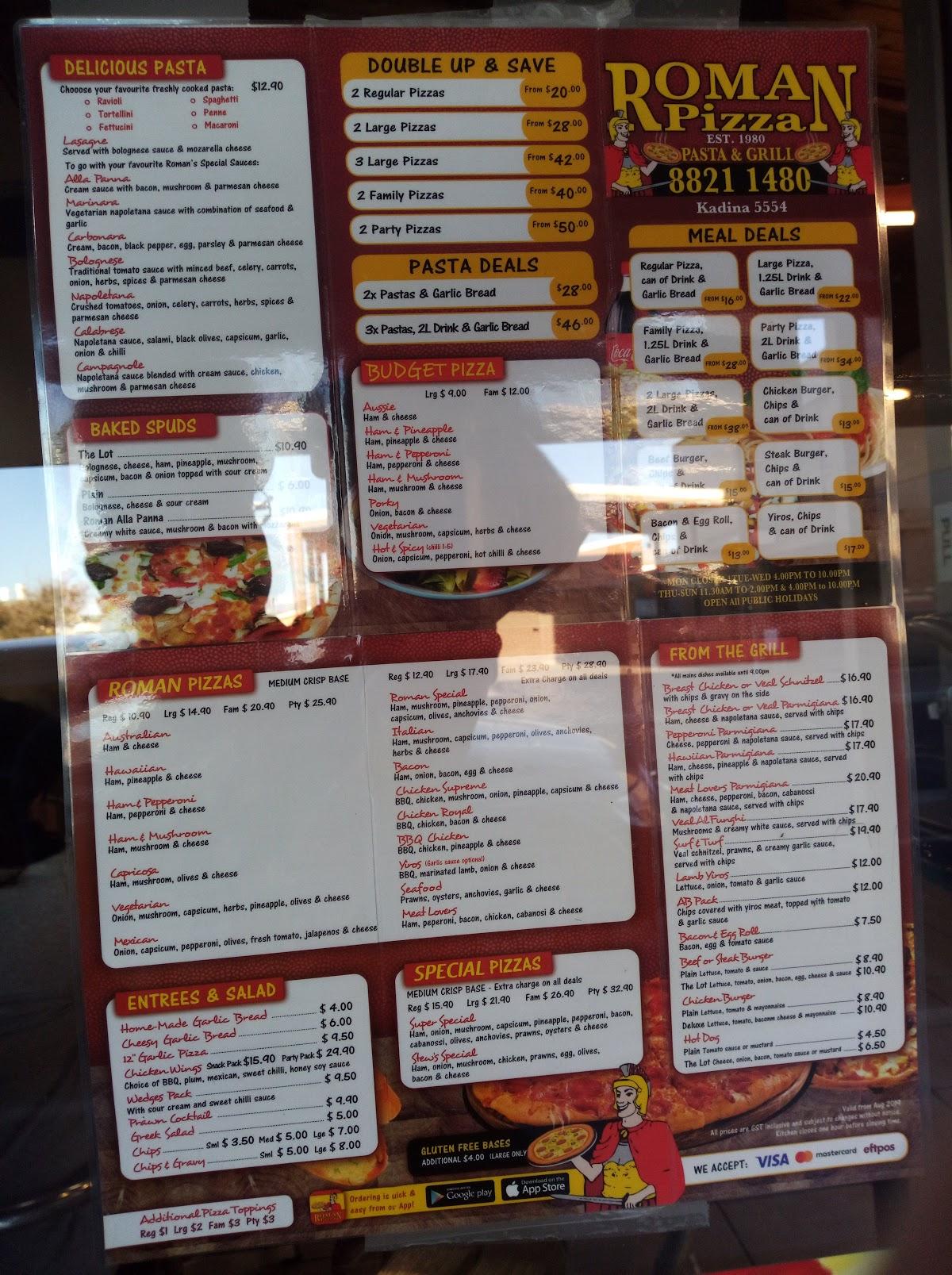 Menu at Roman Pizza Kadina pizzeria, Kadina