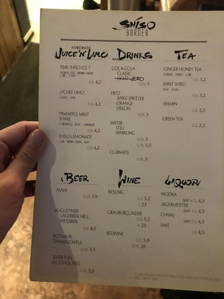Menu at Shiso Burger restaurant, Berlin, Auguststraße 29C