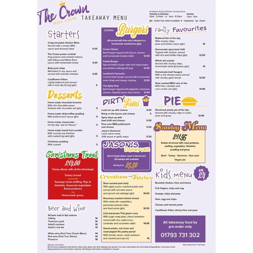 Menu at The Crown Inn at Broad Hinton restaurant, Swindon, High St