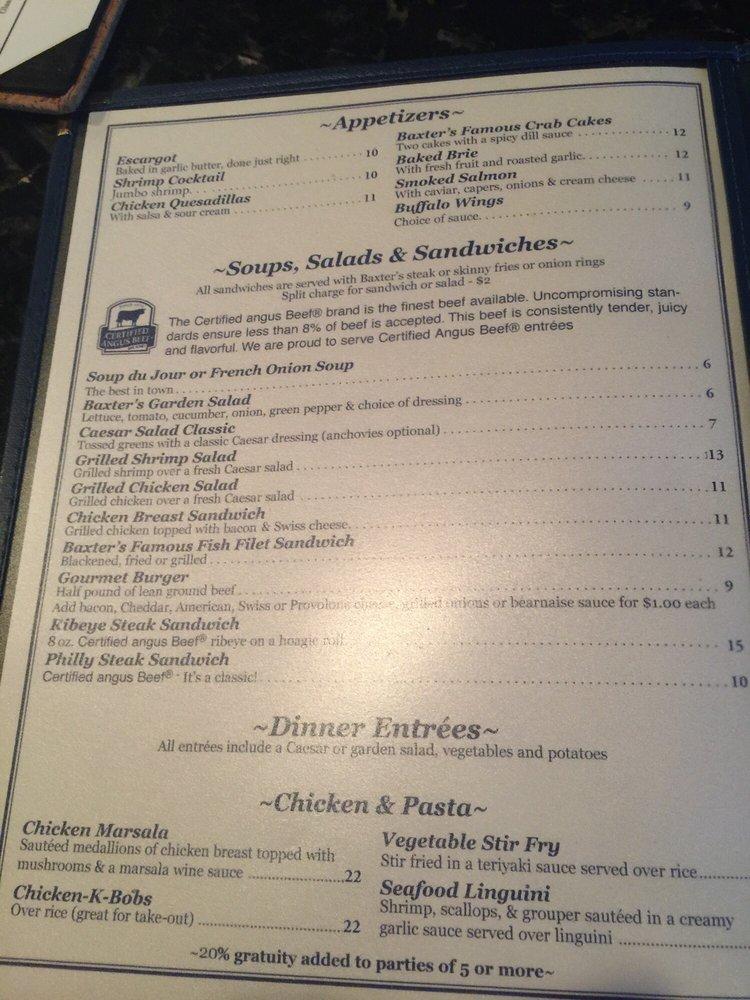 Menu at Baxter's Restaurant, Fernandina Beach